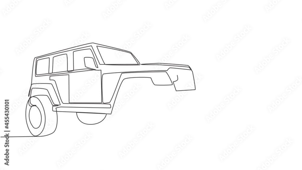 Self drawing animation of single line draw 4x4 wheel drive tough jeep ...