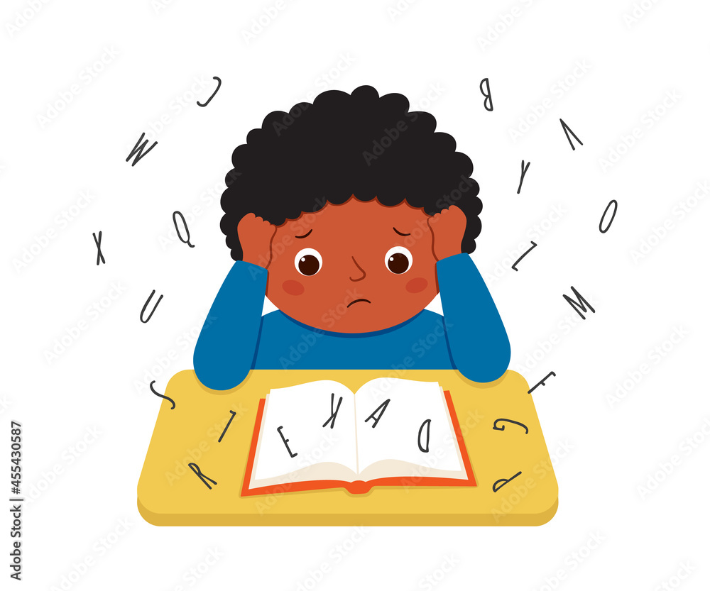 Child suffering with dyslexia is having difficulty in reading a book ...