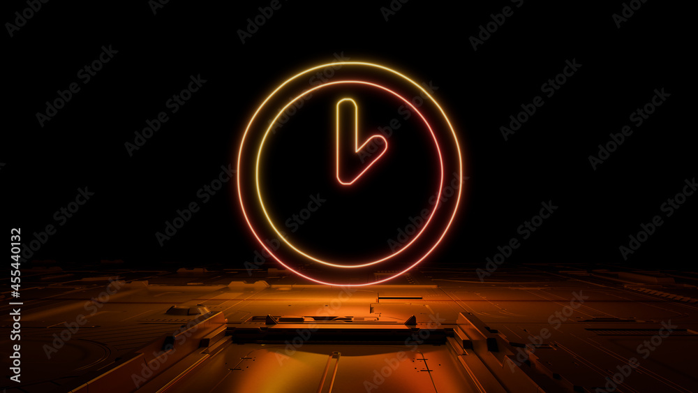 Orange and Yellow neon light clock icon. Vibrant colored Time ...