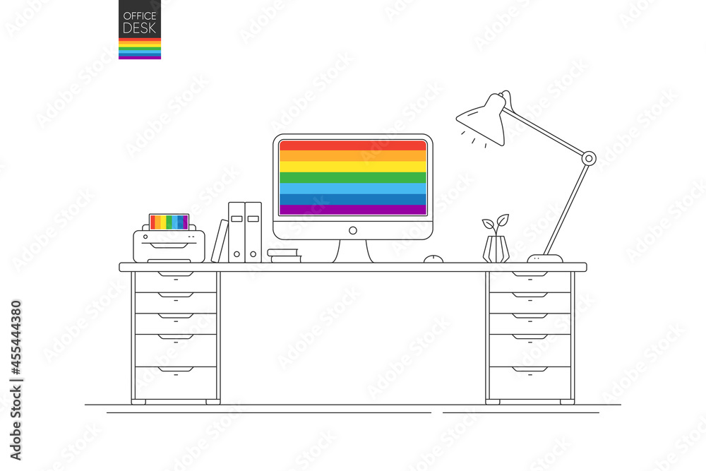 Office desk with LGBT pride flag background. Diversity culture ...