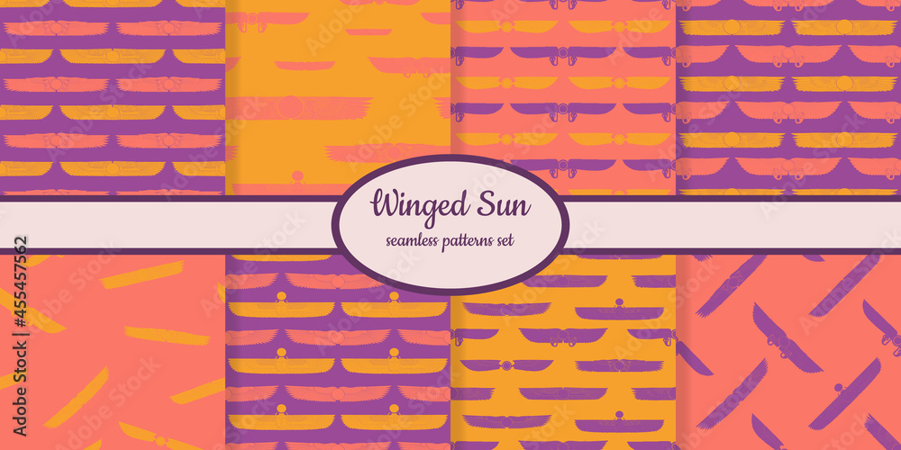 Collection of seamless patterns with ancient egyptian symbol Winged sun ...