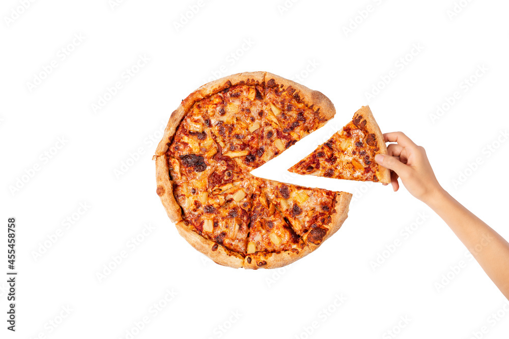Foto de Hand taking a slice of pizza. Big Hawaii pizza without one ...