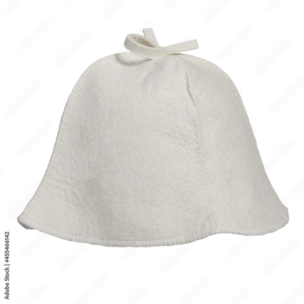 Classic felt hat for head protection in the sauna. Light beige isolated ...