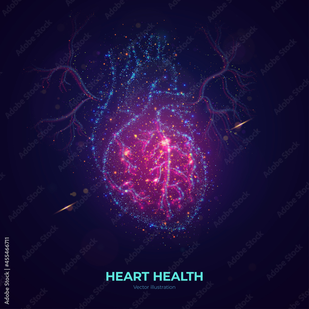 Glowing human heart vector illustration made of neon particles. Stock ...