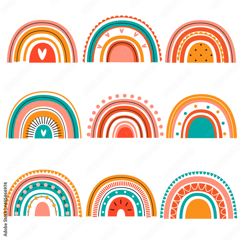 Collection of cute colorful rainbows in boho style for kids and ...