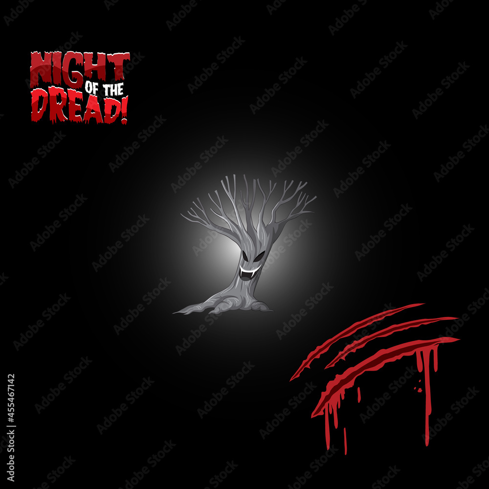 Night of the dread word logo with creepy tree and bloody scratch Stock ...