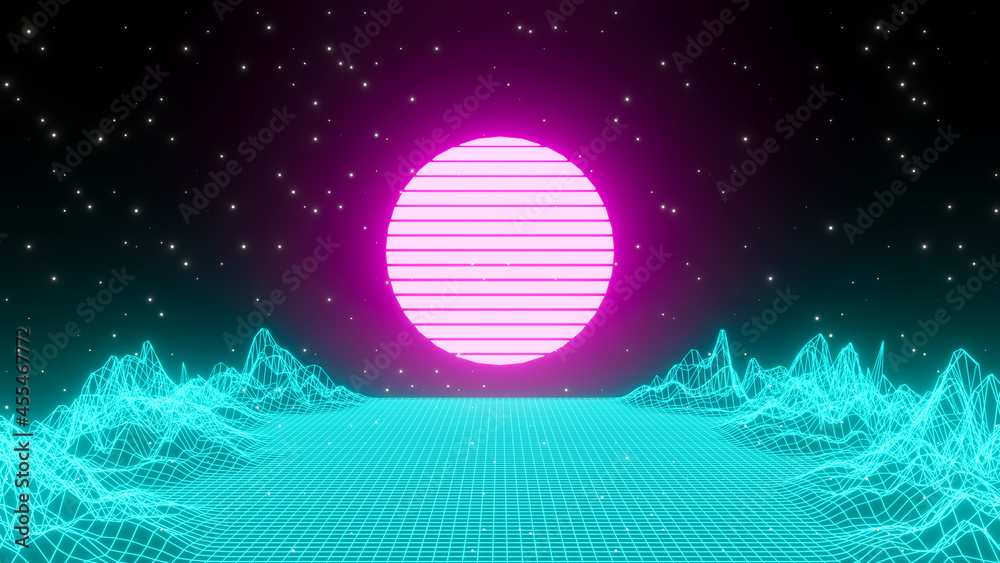 80s retro background. futuristic landscape city night with sun and ...