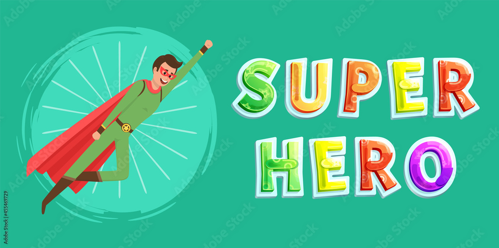 Strong super man smiles and flies to save world stretched out his hand ...