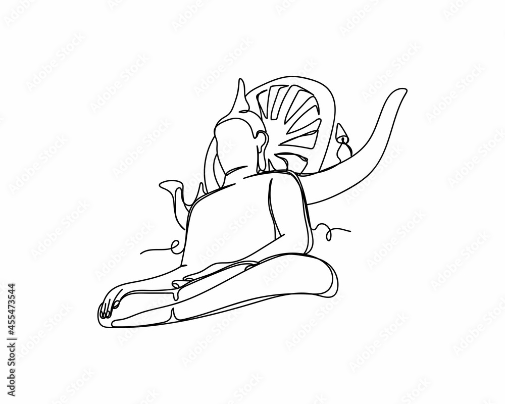 Continuous one line drawing of beautiful Buddha icon in silhouette on a white background. Linear ...