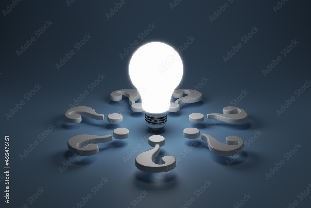 Glowing light bulb in a circle of question marks on a blue background ...