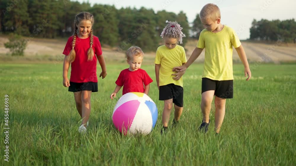 Happy family of children run across field. Group of children playing ...