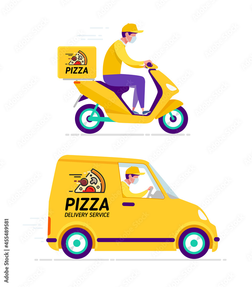 Pizza delivery courier on delivery moto scooter and service car. Flat ...