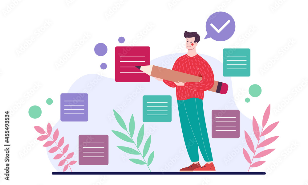 Vecteur Stock Reminder on sticker concept. Man with large pencil writes ...