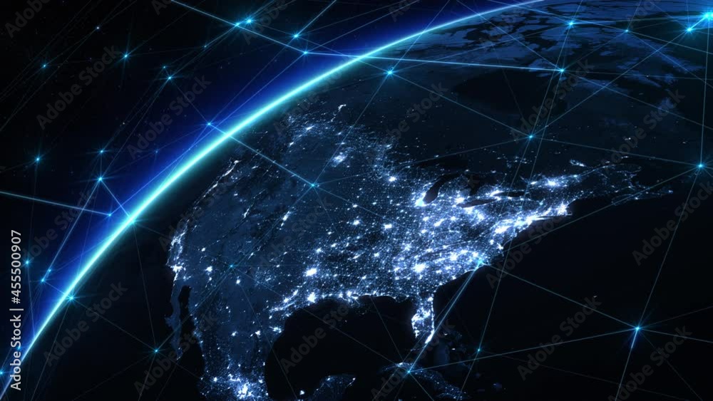 Animation of Earth rotating. North America map with bright connections ...