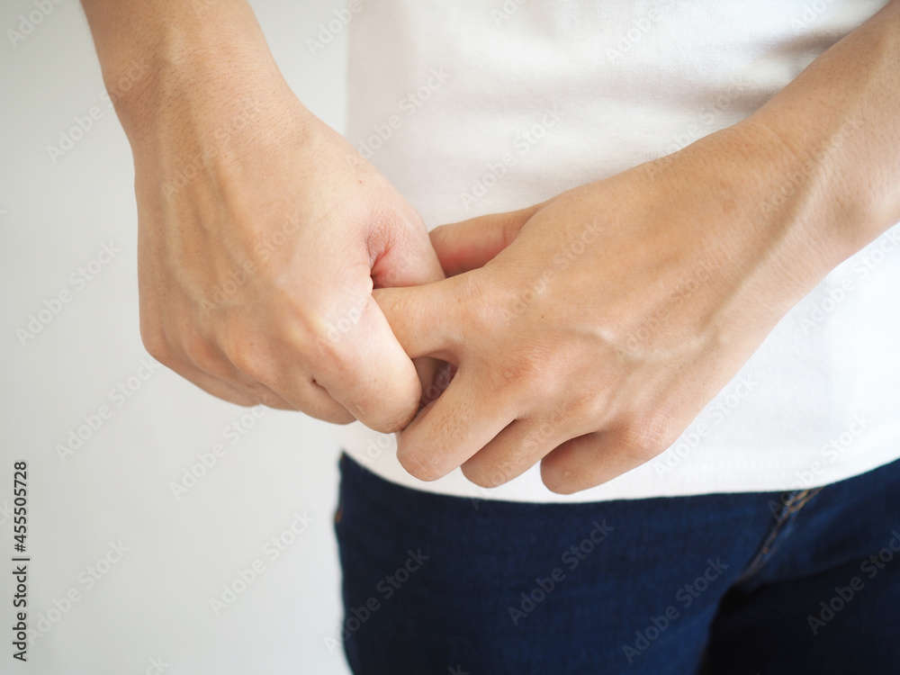 Trigger finger on hand woman and symptom of pain for health care ...