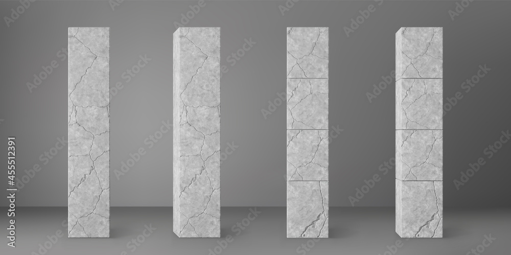 Concrete broken square columns set with cracks isolated on grey ...