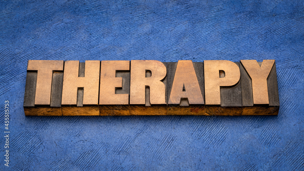therapy - word abstract in vintage letterpress wood type, health and ...