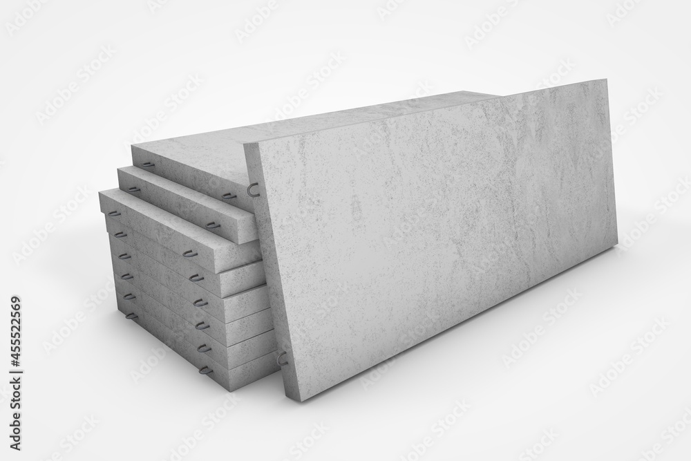 Prefabricated concrete materials, tubes and cement panels on white ...