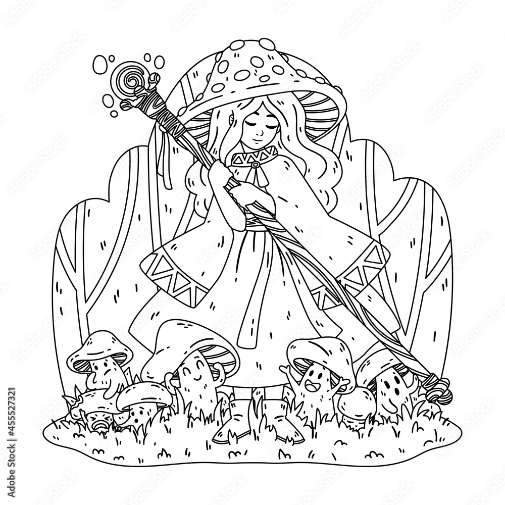 Mushroom witch, with a magic staff, a cape and a fly agaric hat. The ...