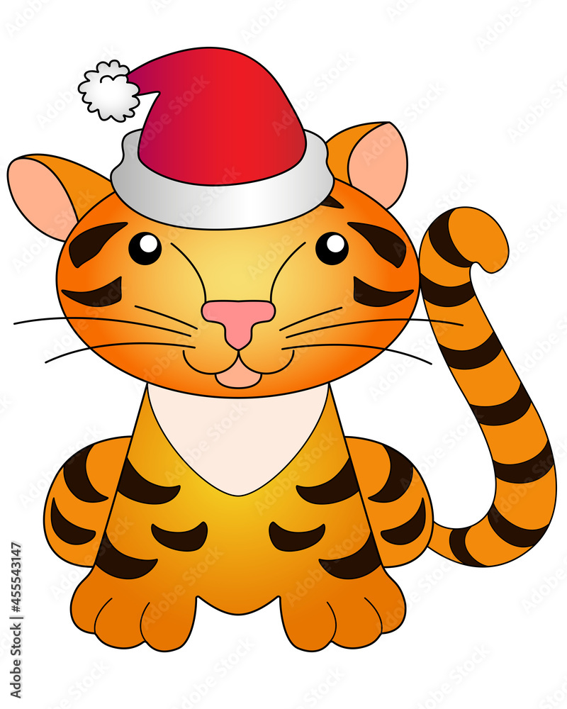 Tiger in santa claus hat - symbol of 2022 - vector full color ...