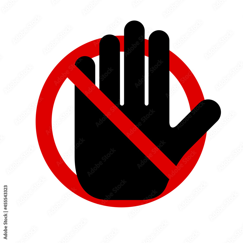 Black hand in a red circle backslash symbol. Stop sign push icon. No ...