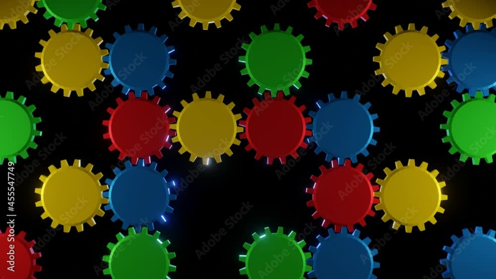Colorful cogwheels spinning around in 3D rendering animation. Looping ...