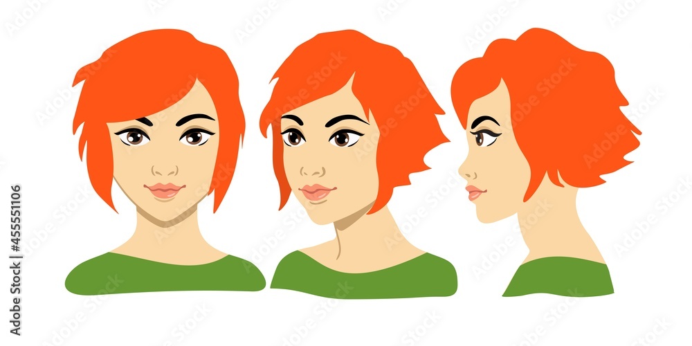 Set of women portrait three different angles. Close-up vector cartoon ...