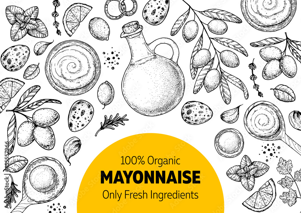 Mayonnaise sauce cooking and ingredients sketch, hand drawn vector ...