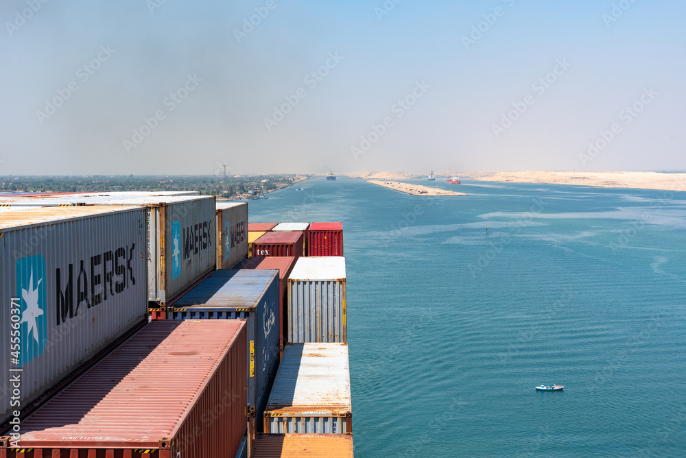 Suez, Suez Governorate, Egypt - August 25 2021: View on the containers ...