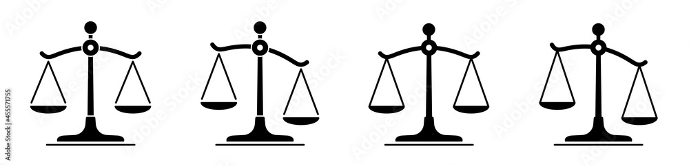 Scale icon. Justice scales icons set in balance and equilibrium. Scales ...