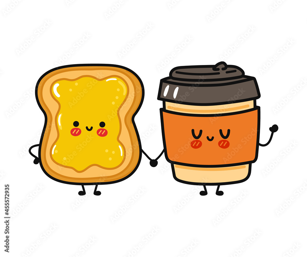 Cute, funny happy paper cup and toast with jam character. Vector hand ...