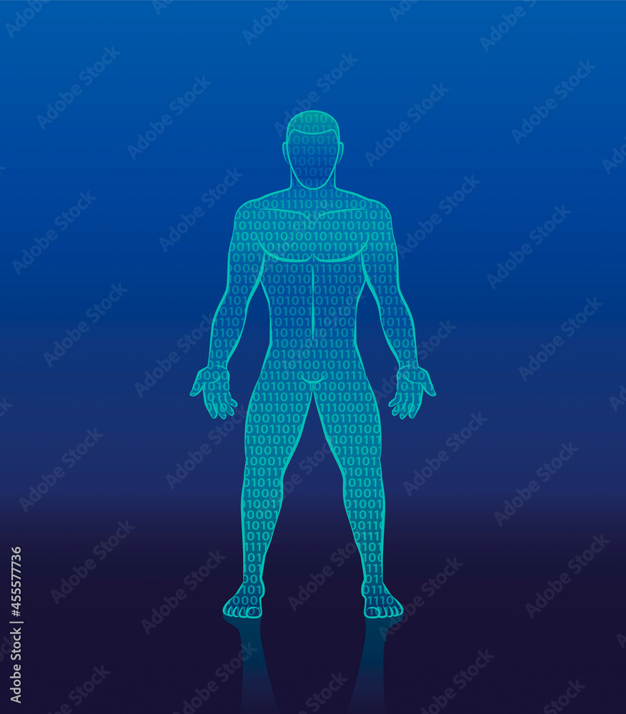 Binary code cyber man - digital human silhouette composed with ones and ...