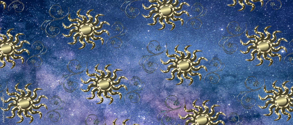 Golden sun pattern on universe background with stars and floral jewels ...