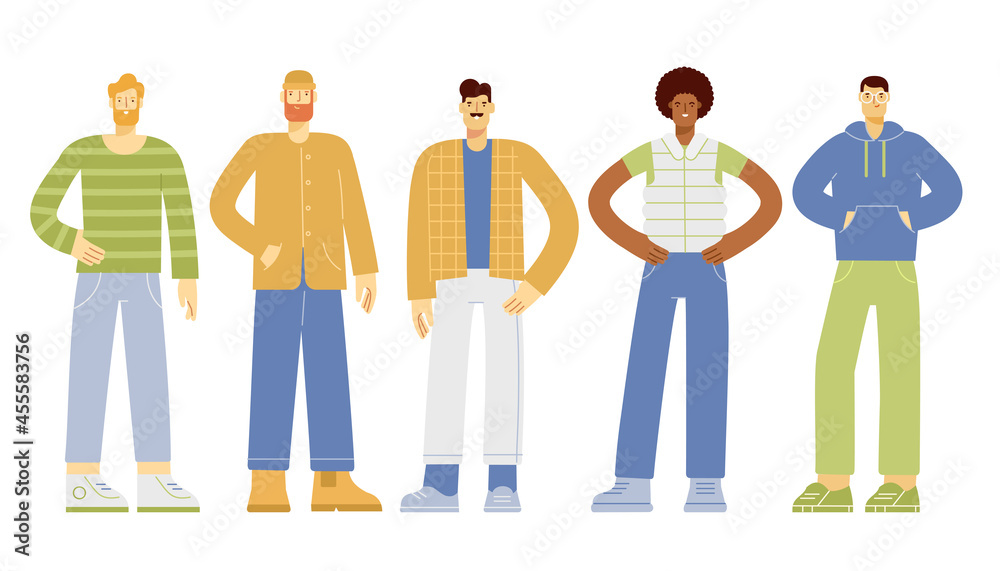 Set of full length modern male characters. Young men with different ...