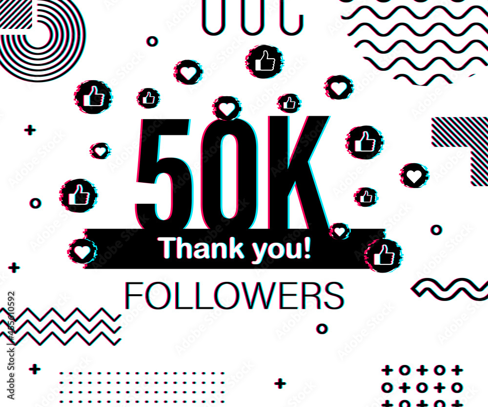 Thank you 50 000 followers numbers. Glitch style banner. Congratulating ...