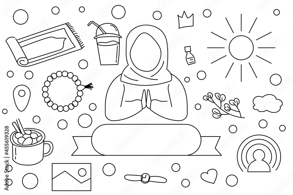 Set Of vector doodle hijab kids isolated on white background. line ...
