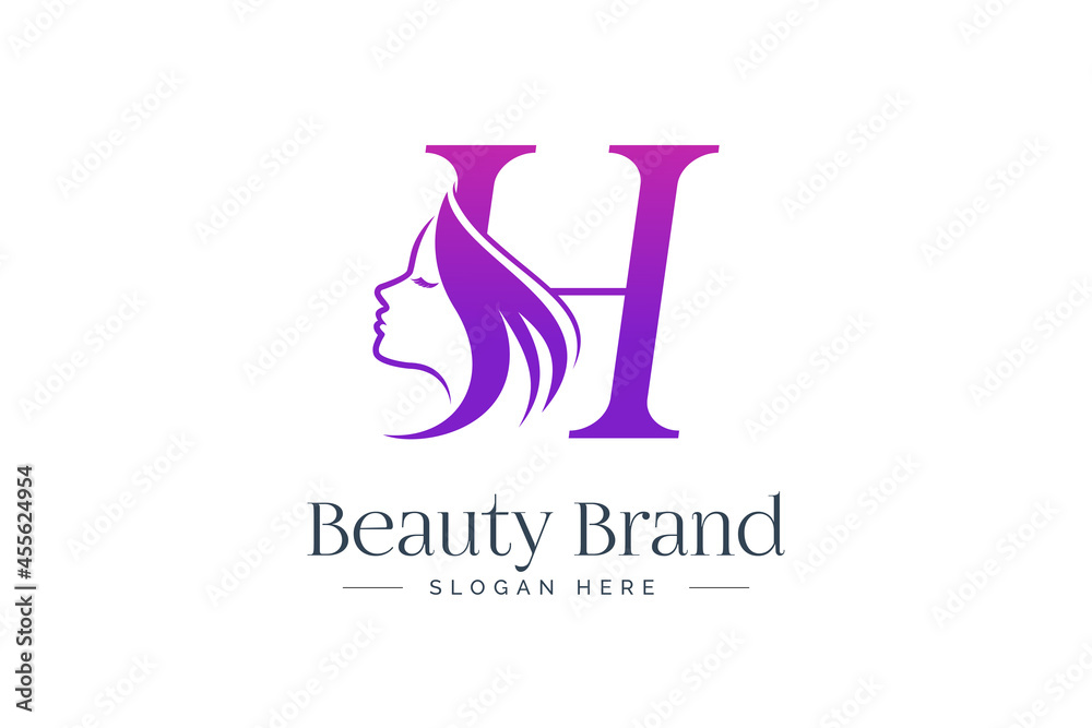 Letter H beauty logo design. Woman face silhouette isolated on letter H ...