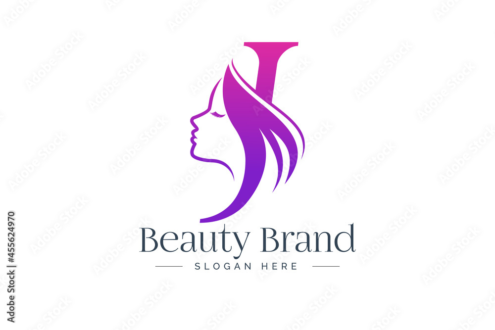 Letter J beauty logo design. Woman face silhouette isolated on letter J ...