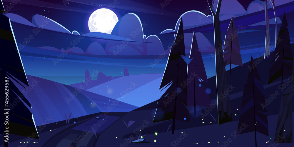 Night landscape, cartoon nature background with field, dirt path and ...