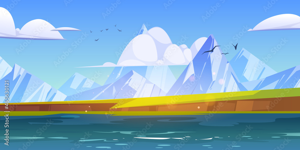 Ocean or sea view with mountains and gulls in cloudy sky scenery nature ...
