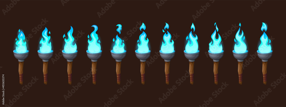 Burning fire on old torch for video game. Vector cartoon animation ...