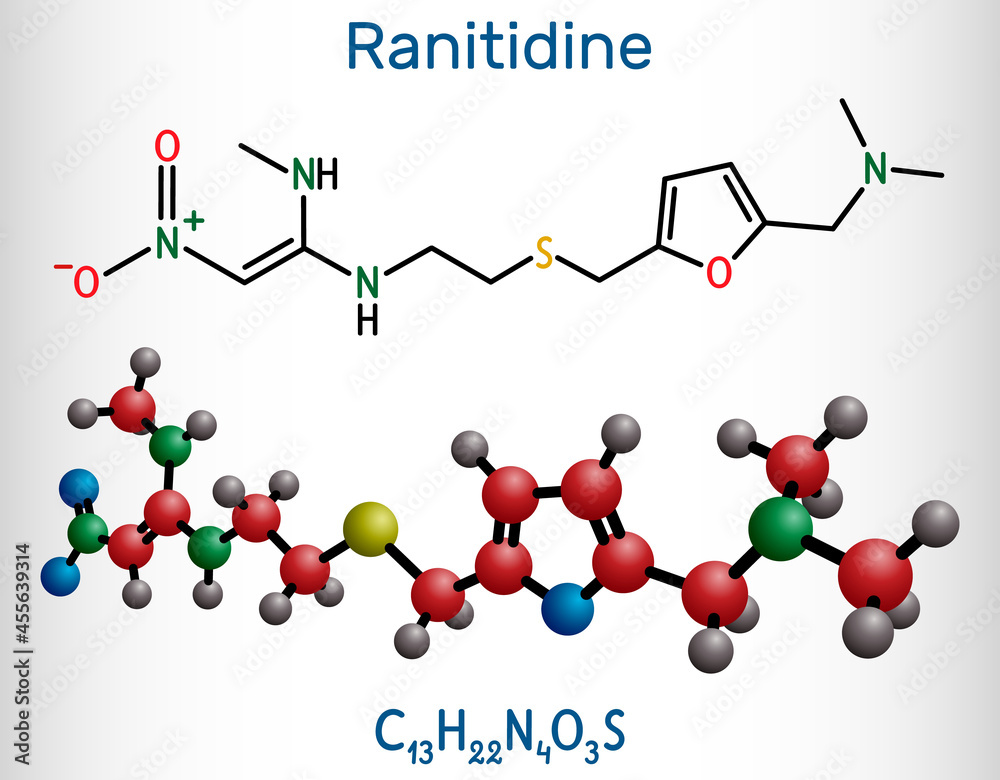 Ranitidine molecule. It is used for treatment of peptic ulcer disease ...