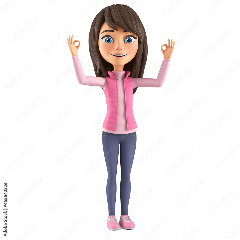 Cartoon character of a beautiful modest girl in a pink jacket shows ...