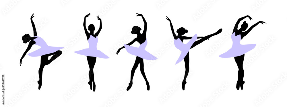 A set of silhouettes of a ballet dancer dancing in various poses and ...