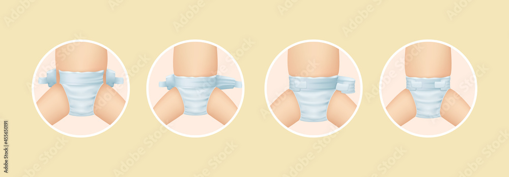 Realistic diaper baby. Changing diapers steps. Softly clean newborn for ...