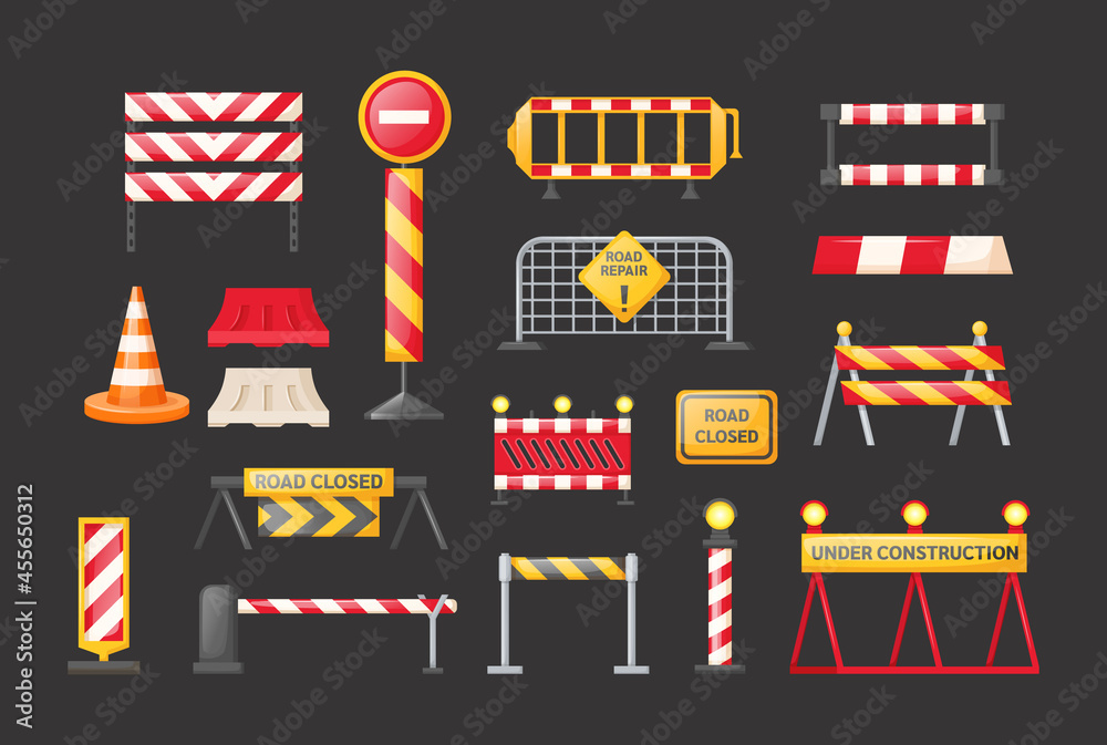 Traffic road repair barriers set. Safety barricade, roadblocks, warning ...