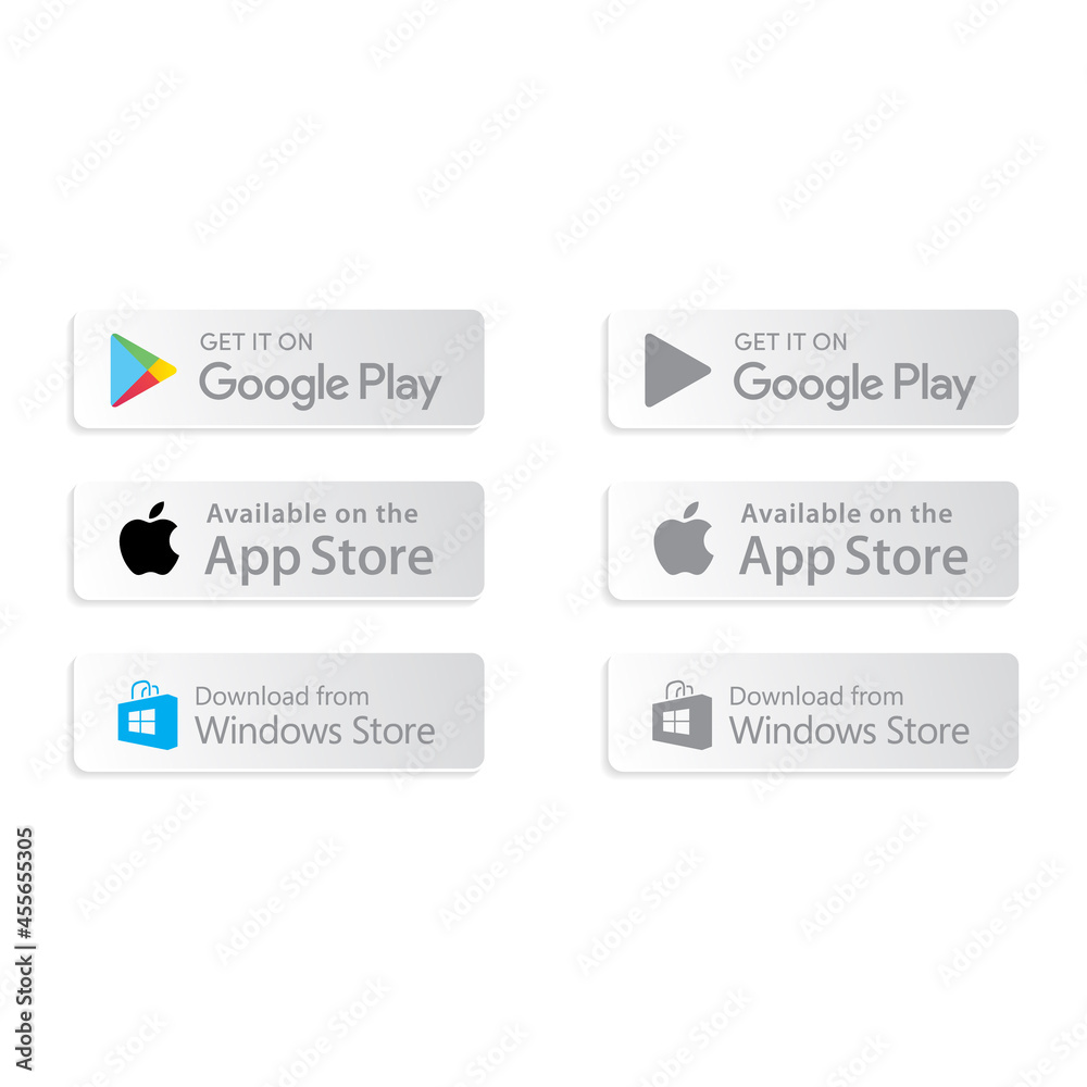 Apple App store, Google Play store, Microsoft store : download App buttons. Isolated black icons ...