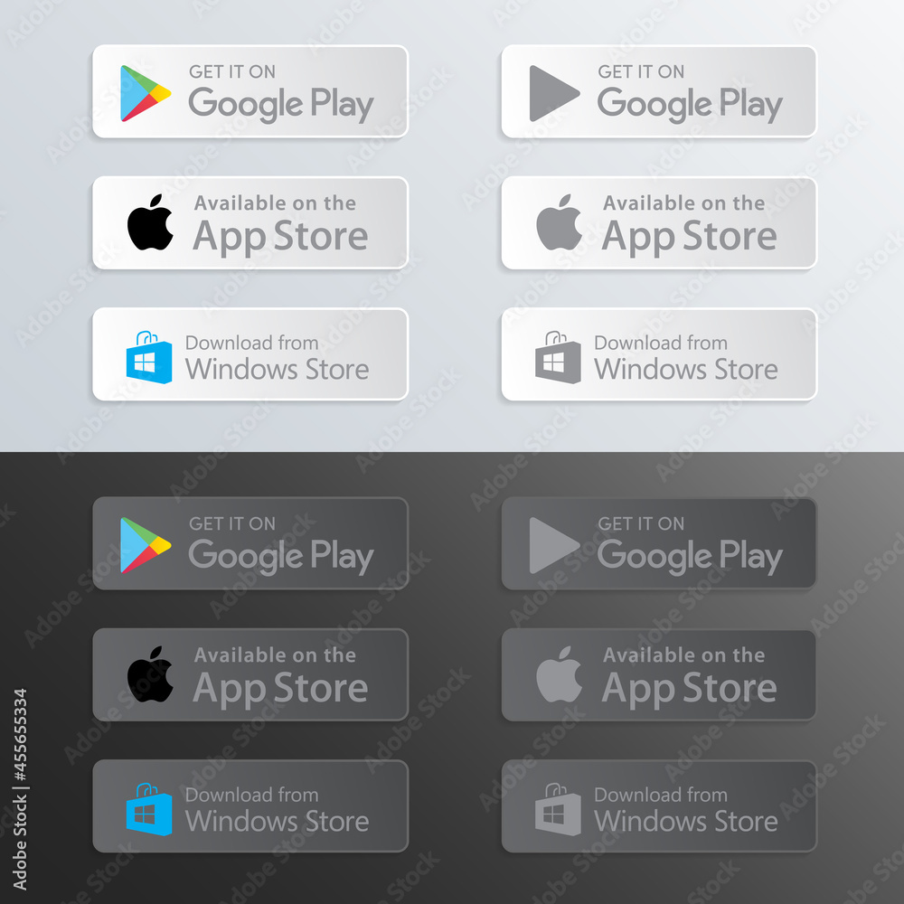 Apple App store, Google Play store, Microsoft store : download App buttons. Isolated black icons ...