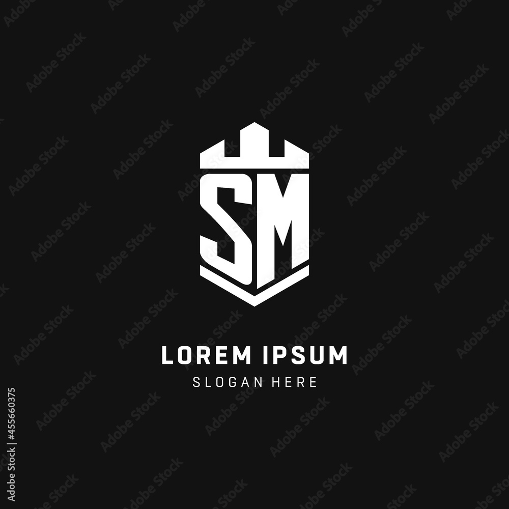 SM monogram logo initial with crown and shield guard shape style Stock ...