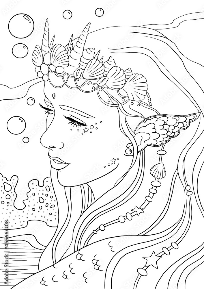 Coloring pages with mermaid. Line art design for adults or children ...